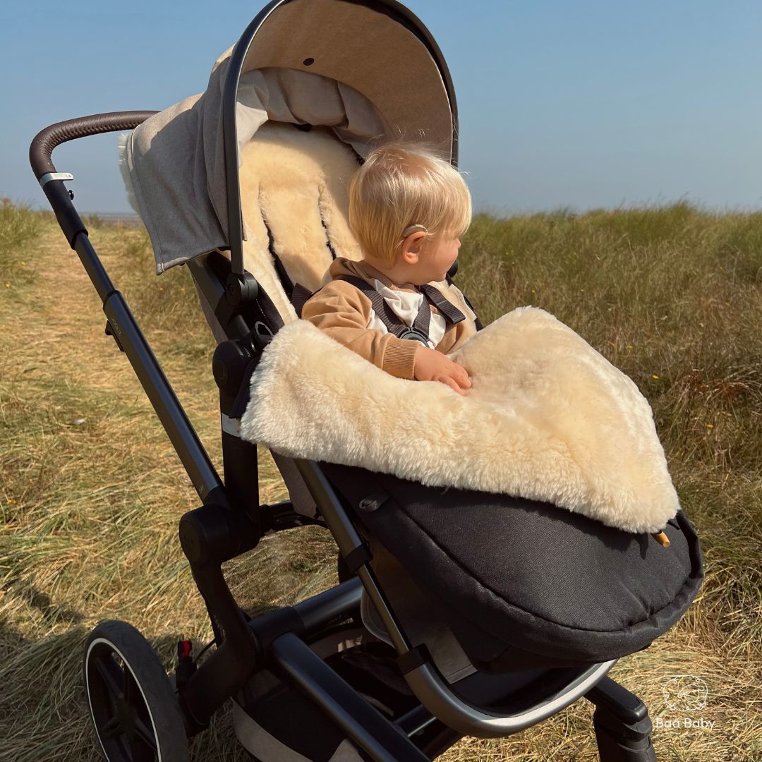 Sheepskin Pram Footmuff in Black- Baa Baby